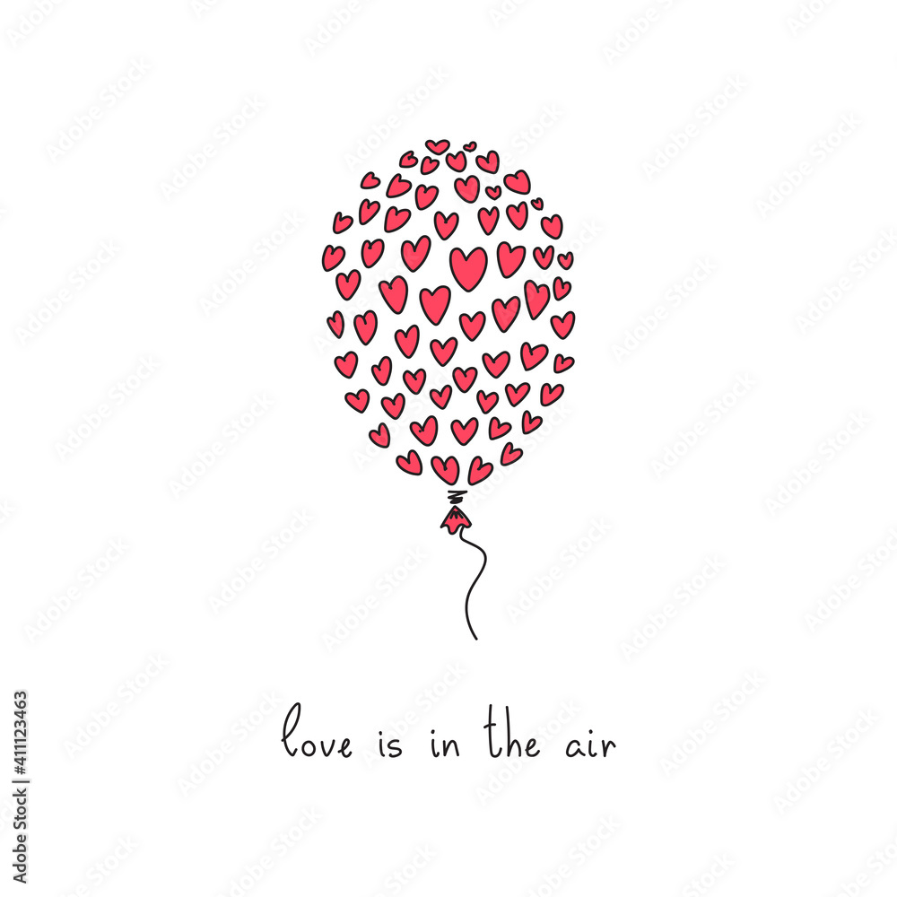 Love is in the air. Cute doodle illustration of a balloon of hearts and ...
