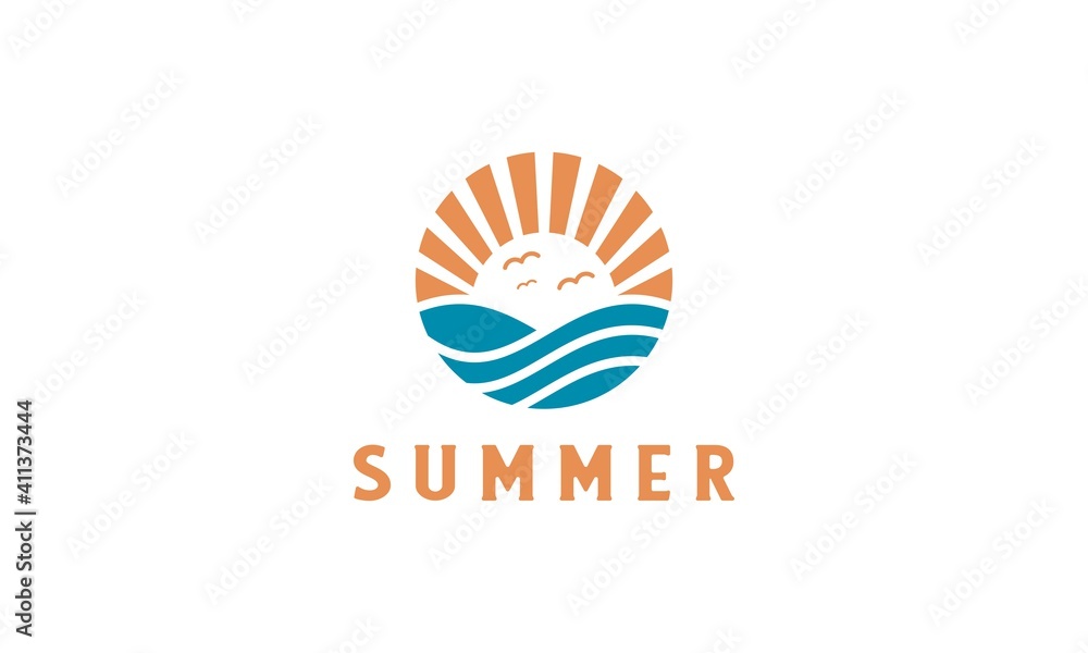 summer beach coast island, sea ocean with birds and summer sun rays ...