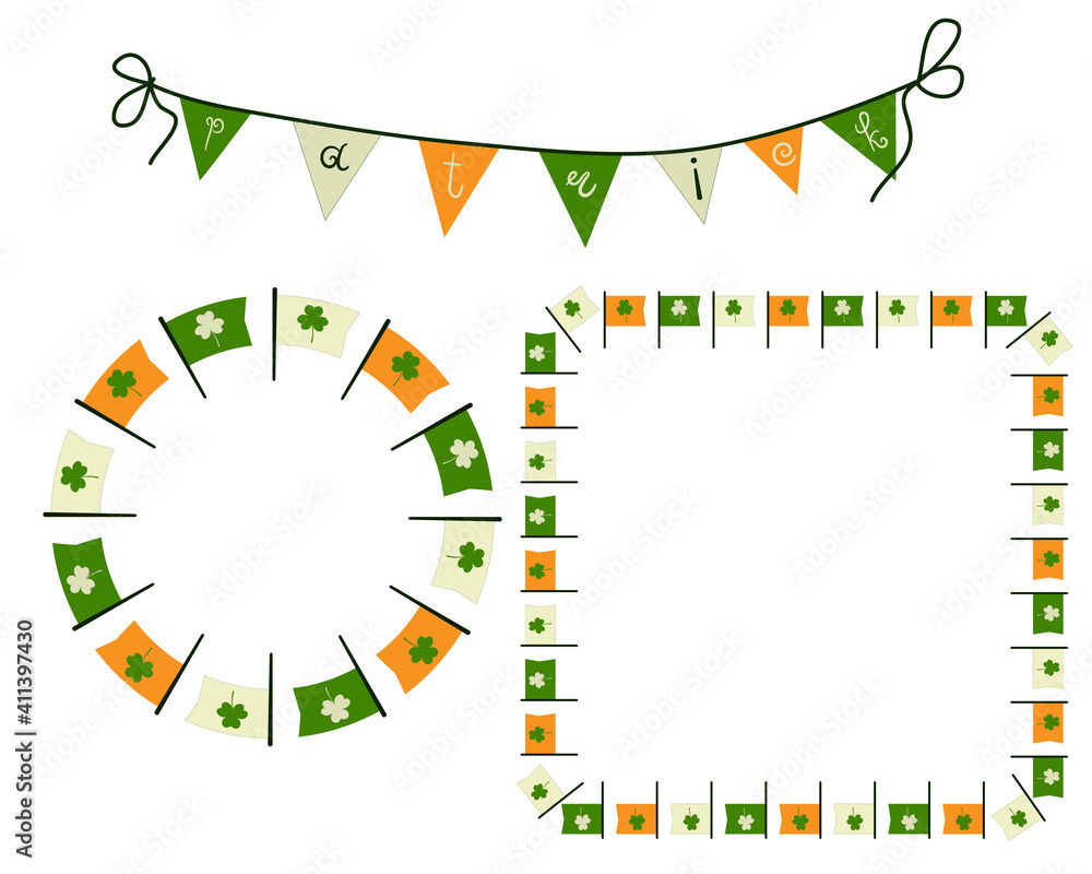 Round, square frames and flags for the feast of St. Patrick with the ...