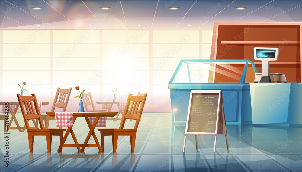 Vector cartoon style flat illustration of restaurant interior with ...