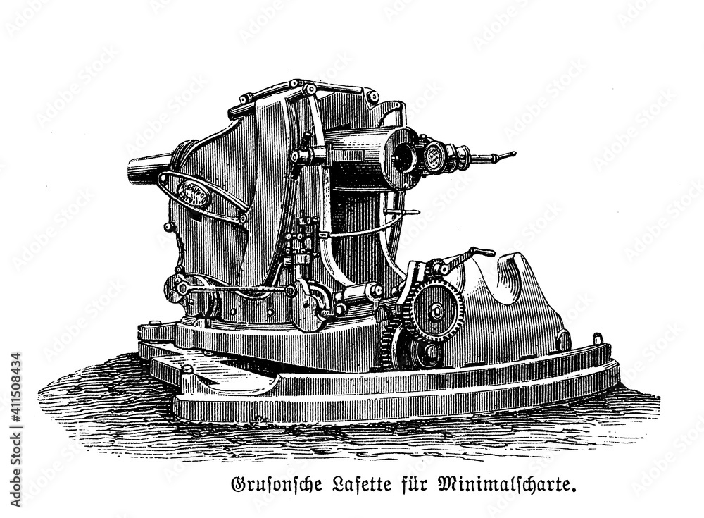 Gruson revolver gun mounted on wheels, surelevated casemate carriage ...