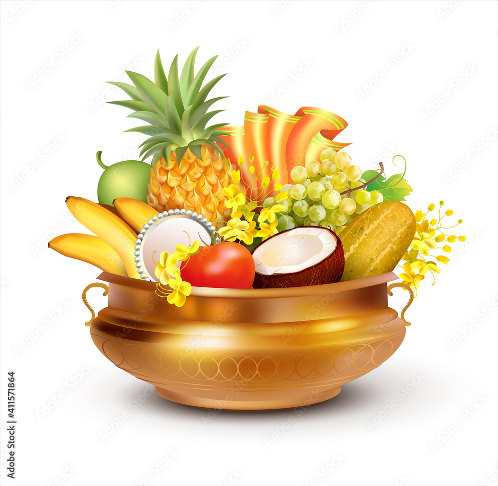 Traditional Indian pot (uruli) with fruits, mirror, textile and konna ...