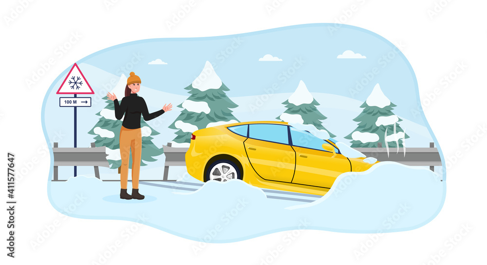 Vector de Stock Female character got her car skidded on a slippery ...