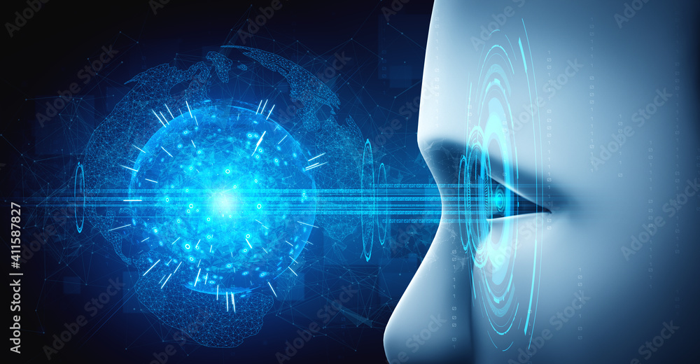 Robot humanoid face close up with graphic concept of AI thinking brain ...