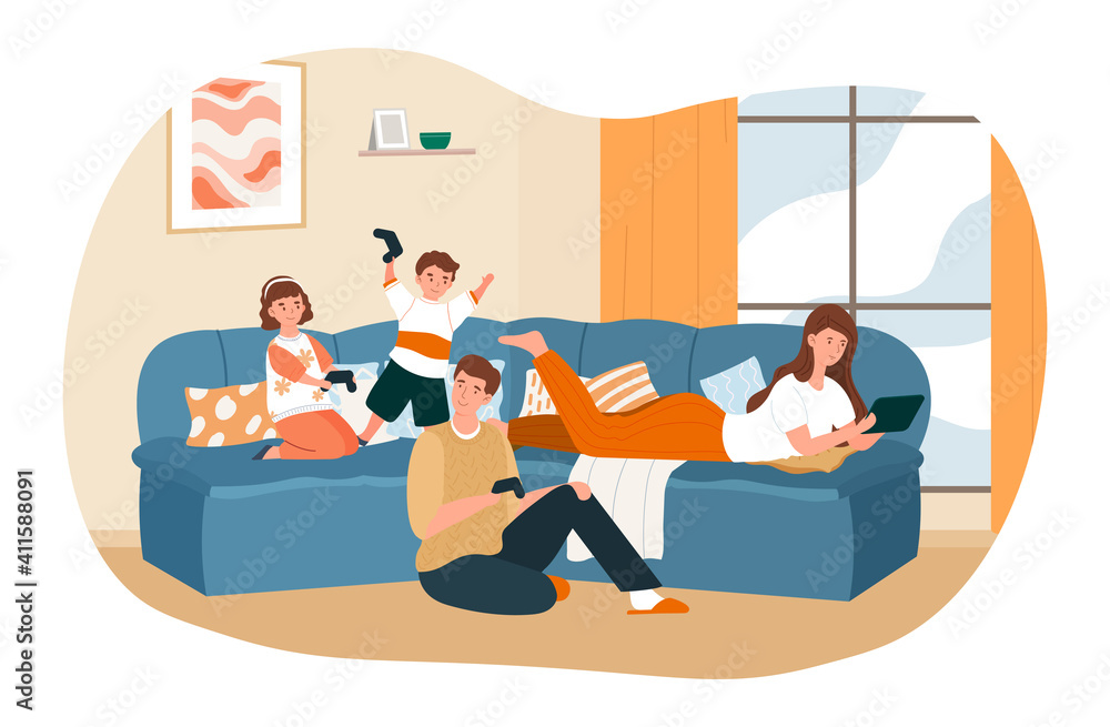 Happy family spending time together at home in the living room. Father ...