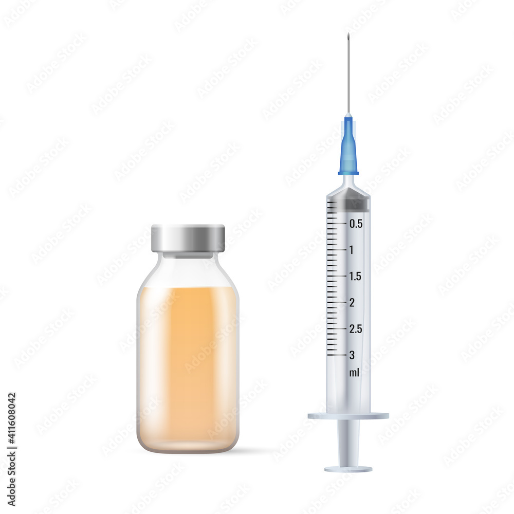 Bottle of vaccine and syringe isolated. Template ampule with medication ...
