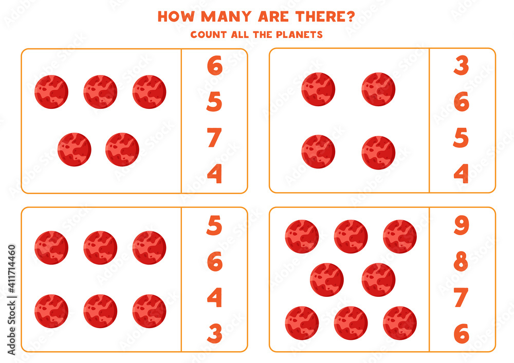 Counting game with cute cartoon planets of Mars. Math worksheet. Stock ...