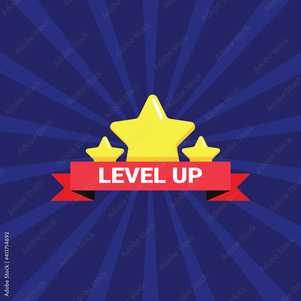 Level Up screen template.Video game achievement. Vector star icon ...