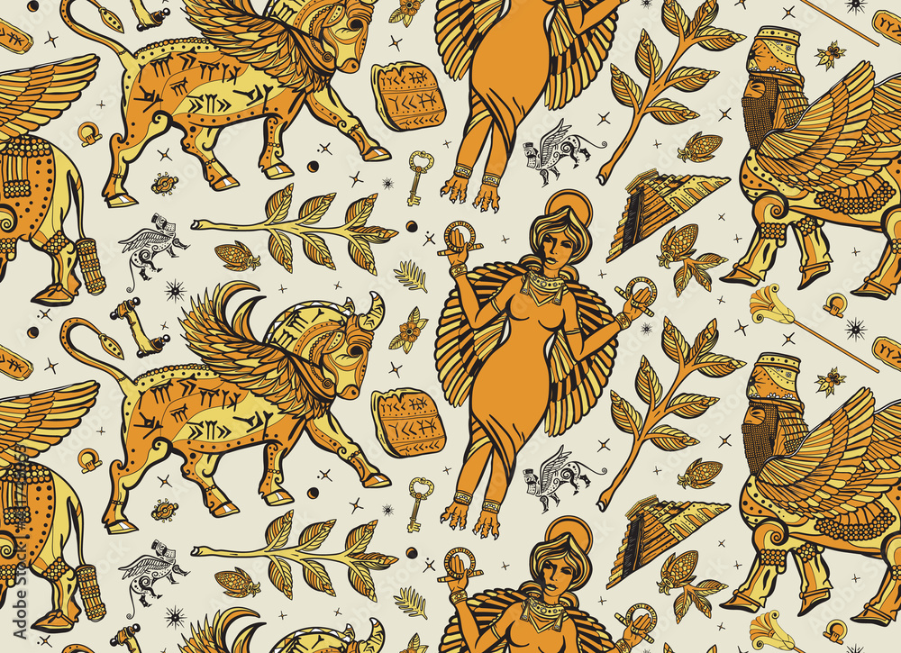 Ancient Sumerian Civilization. Seamless pattern. Old school tattoo ...