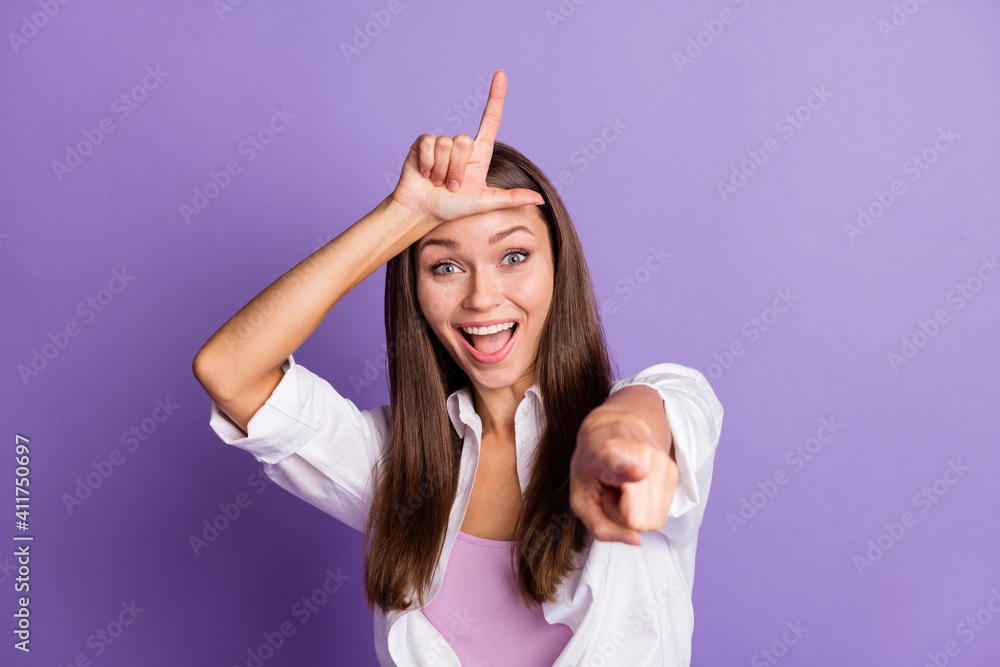 Photo of funky excited young girl finger forehead direct you open mouth ...