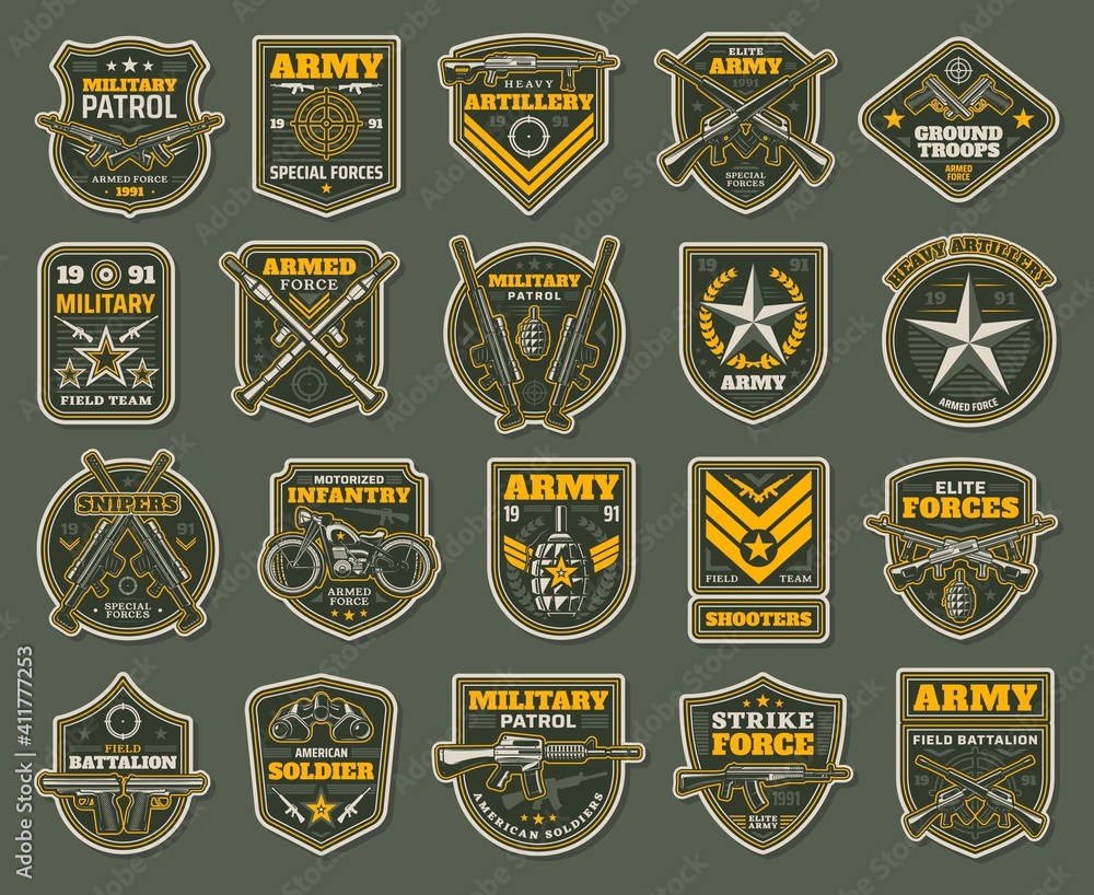 Стоковий вектор Army special forces, military specialists badges set ...