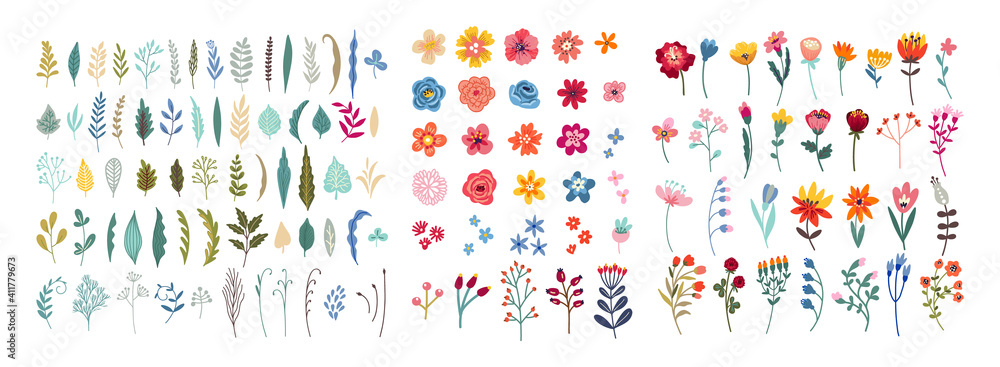 Set of floral elements. Romantic flower collection with flowers, twigs ...