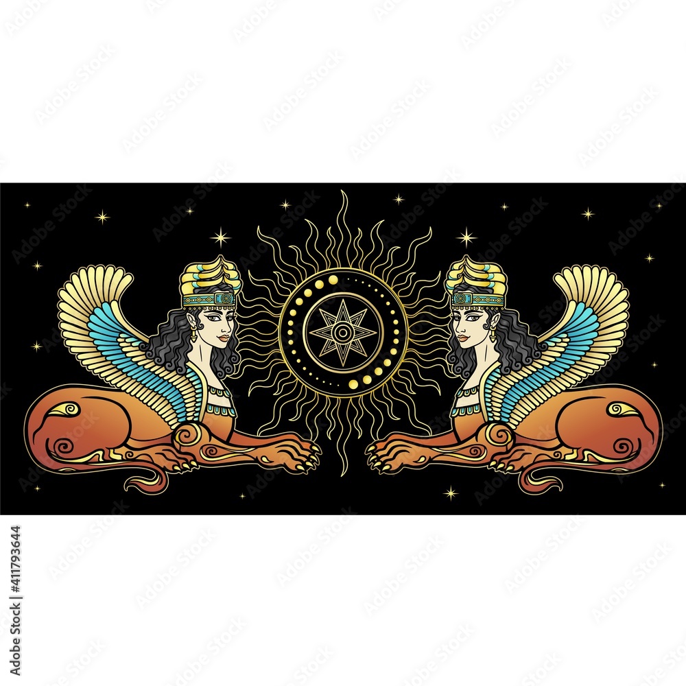 Animation color drawing: magical winged lioness. Ishtar, Astarta ...