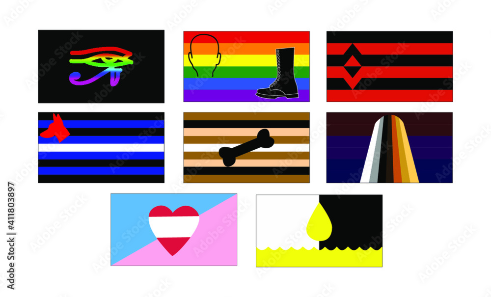 Set of vector illustrations with various of flat pride flags on white ...