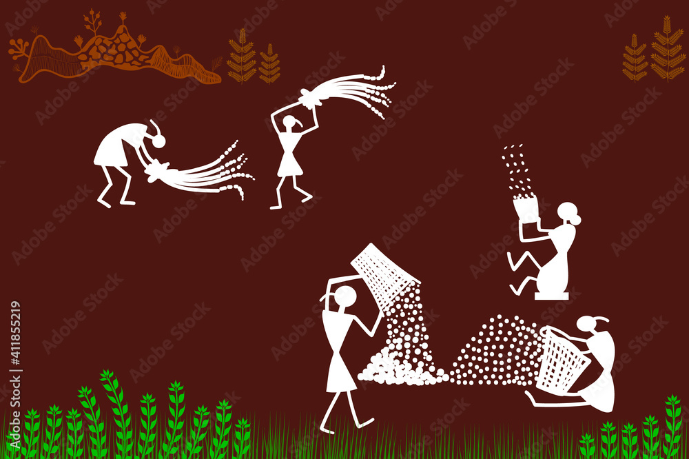 Indian Tribal Art: farmers working in farm . Stock Illustration | Adobe ...