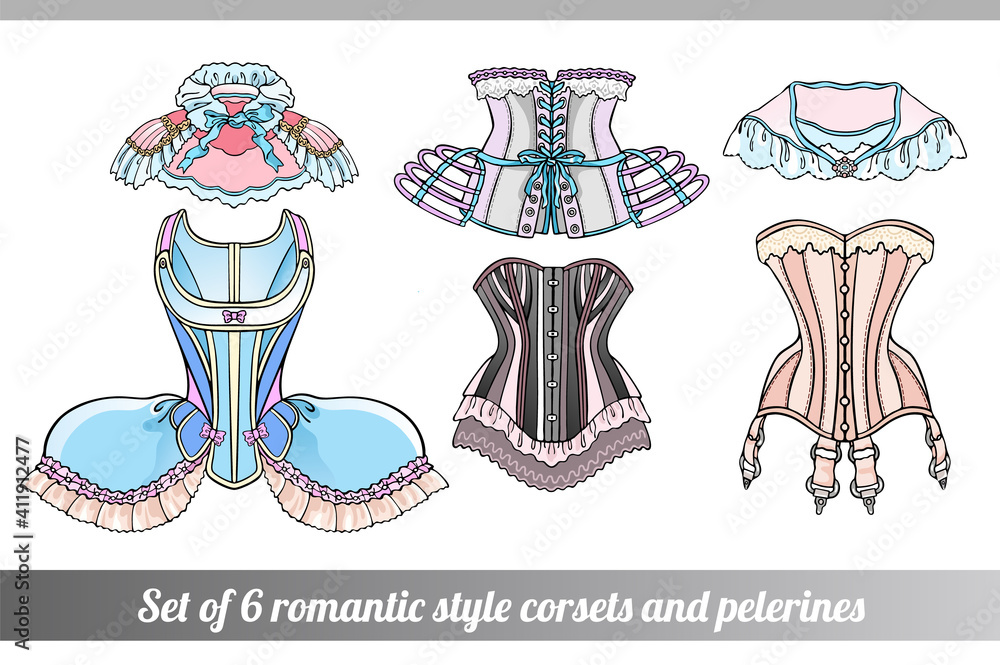 Vector de Stock Set of 10 drawings of female rococo vintage style corsets and pelerines ...