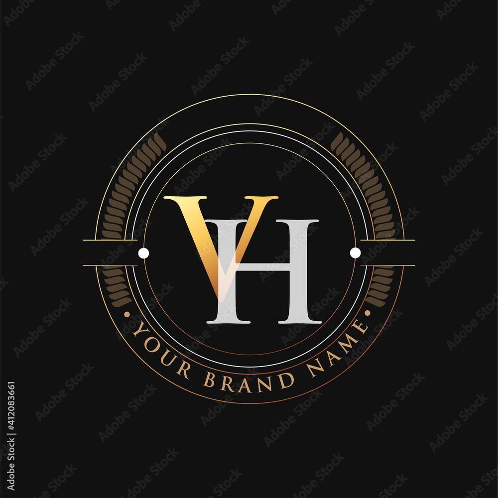 initial letter logo VH gold and white color, with stamp and circle ...