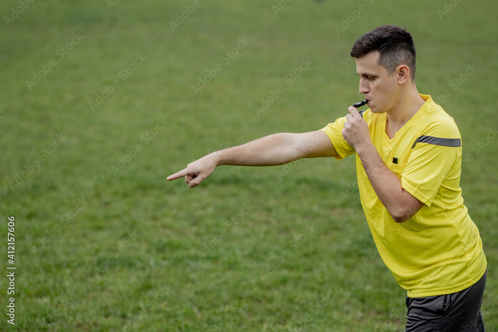 Referee showing on penalty while gaming. Concept of sport, rules ...