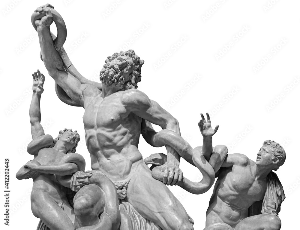 Front view of famous laocoon roman copy sculpture isolated on white ...