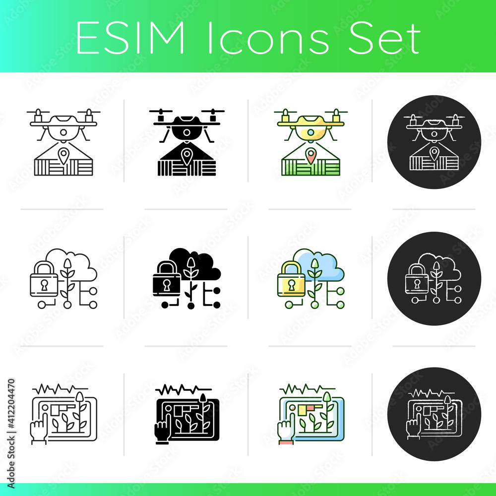 Smart farm icons set. Irrigation scheduling. Cloud computing. Drone ...