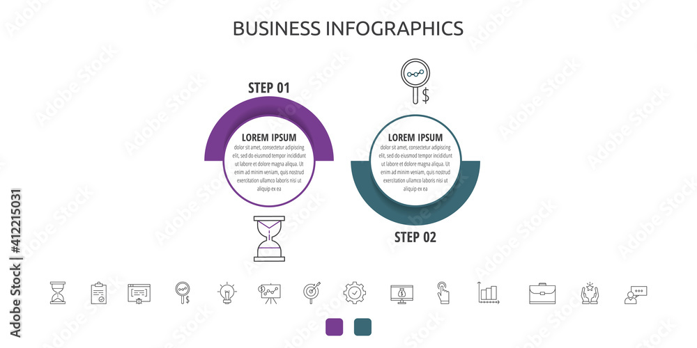 Circles vector line infographic with 2 step, icons. Timeline used for ...