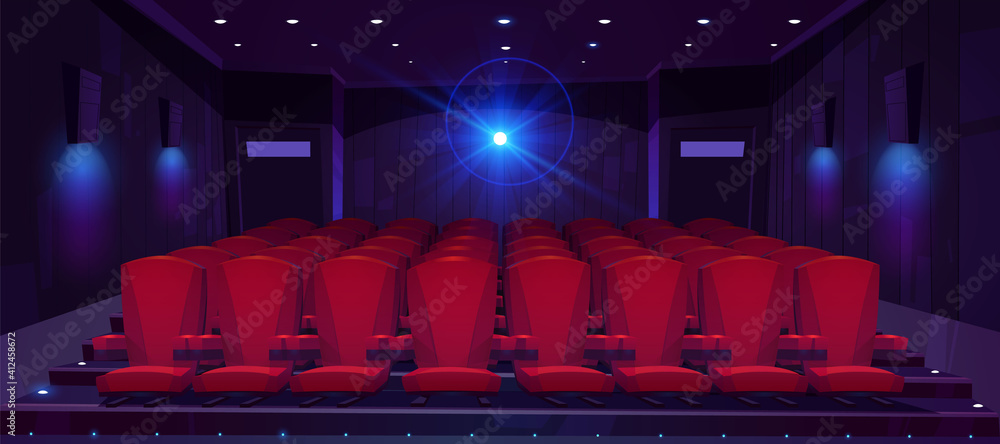 Movie theater hall with seat rows for audience and cinema projector. Vector cartoon illustration ...