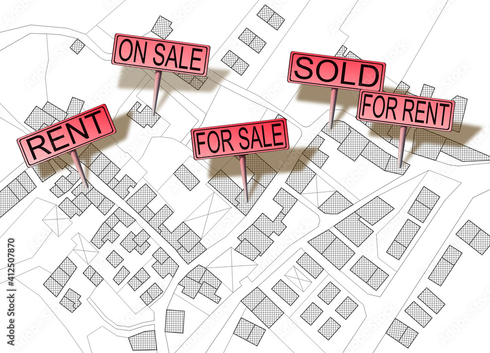 Imaginary cadastral map of territory with advertising signs for sale ...