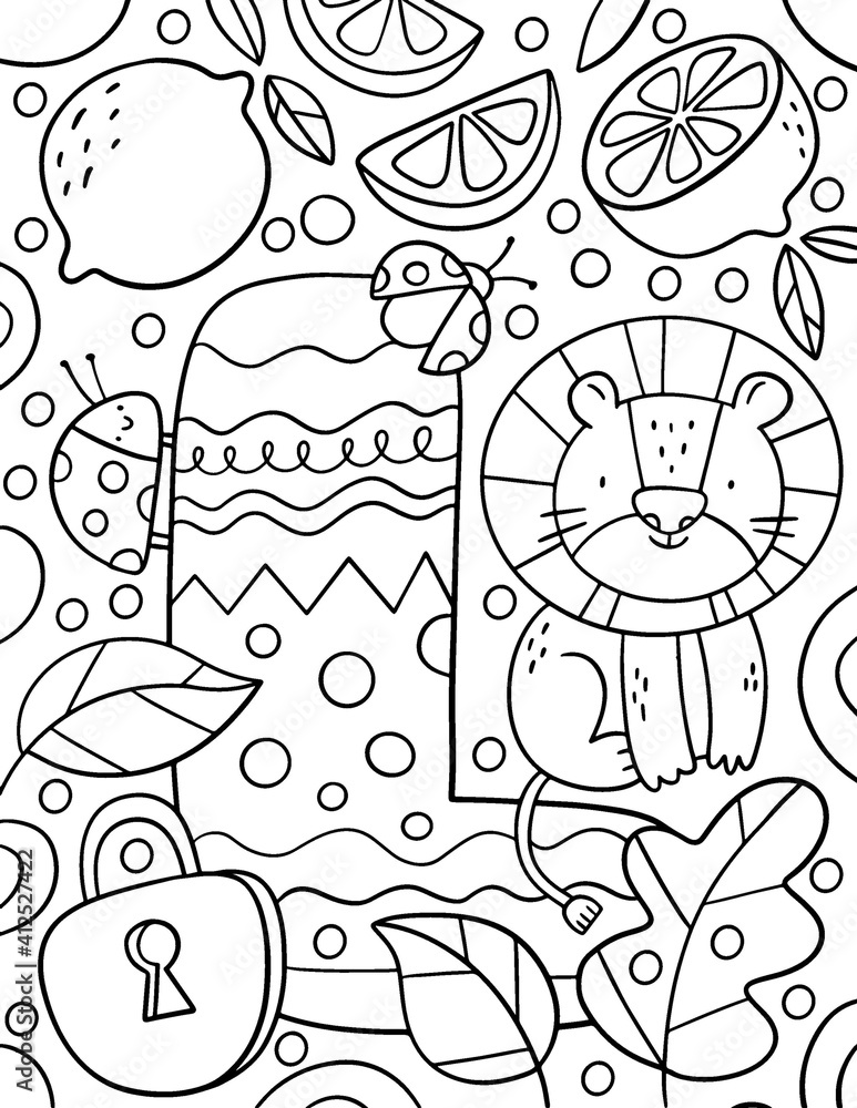 Coloring page Alphabet for kids with cute characters in doodle style ...