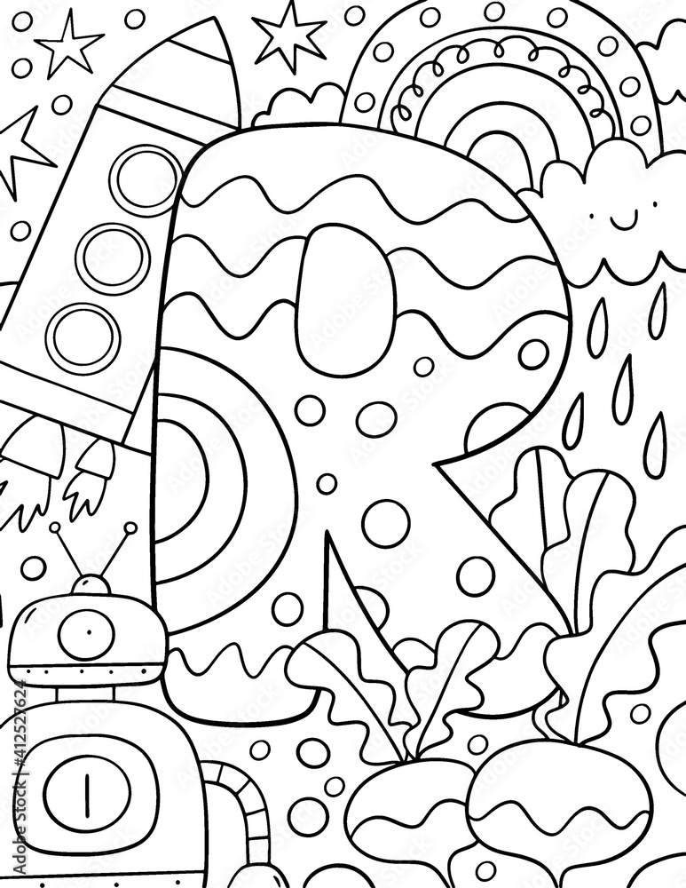 Coloring page Alphabet for kids with cute characters in doodle style ...