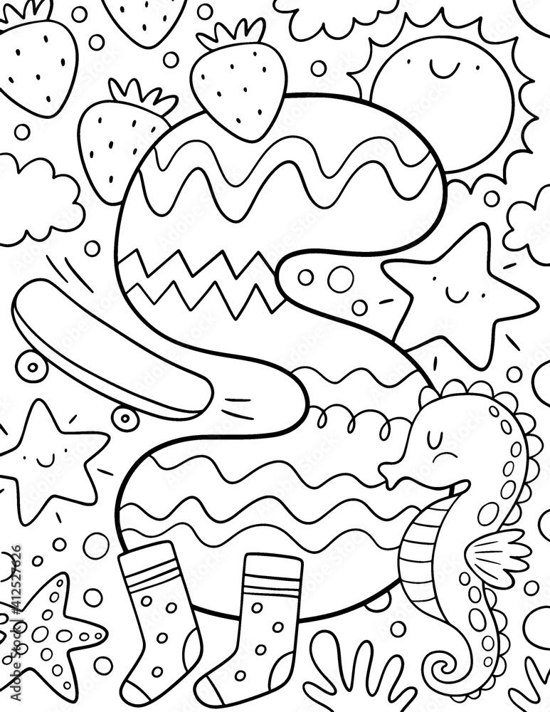 Coloring page Alphabet for kids with cute characters in doodle style ...