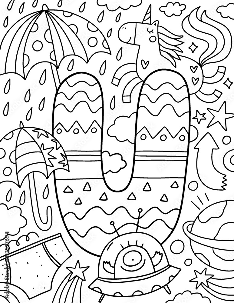 Coloring page Alphabet for kids with cute characters in doodle style ...