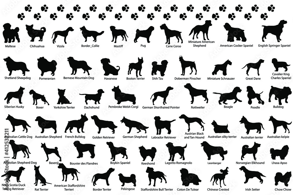Dog silhouette Black Bundle files with names Stock Vector | Adobe Stock