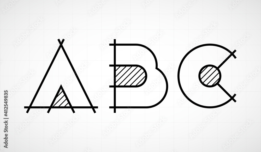 Architech font. Letters ABC. Graphic black and white alphabet. Linear ...