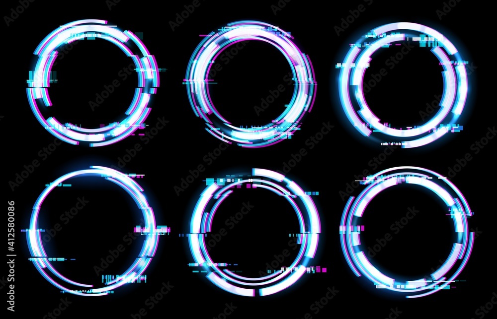 Glitch digital frames, circles with neon light effect, vector TV VHS ...