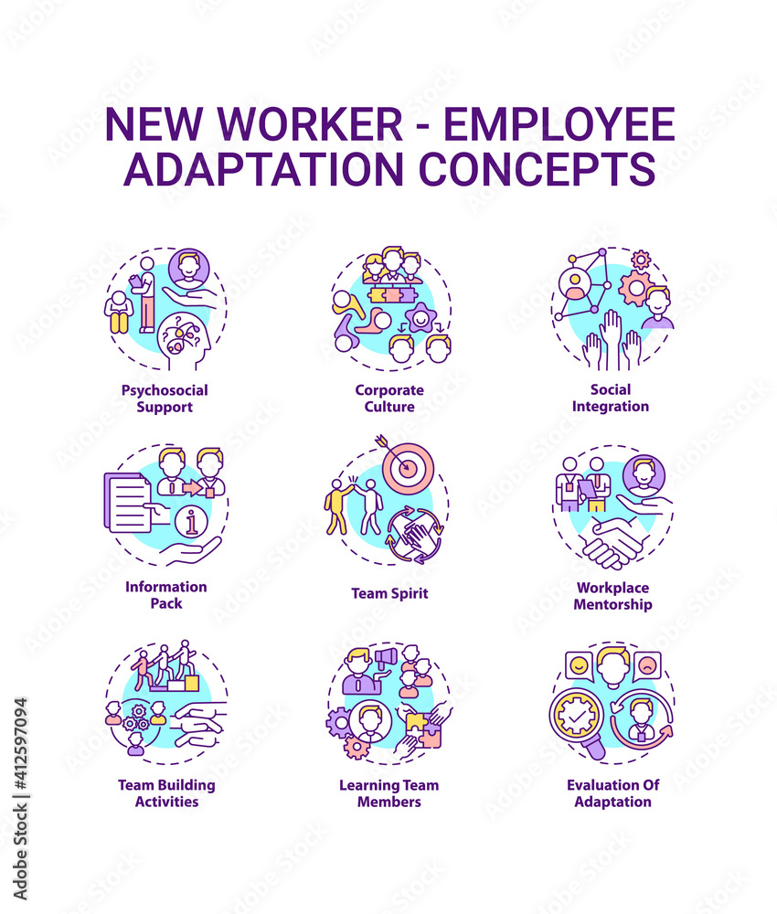 New employee adaptation concepts icons set. Process of helping workers ...