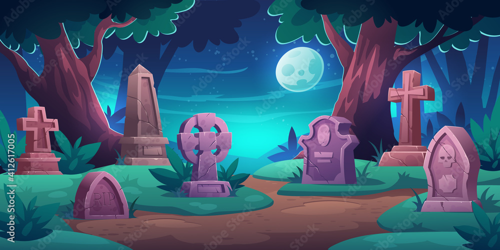 Old cemetery with memorial tombstones, graves for dead people. Vector ...