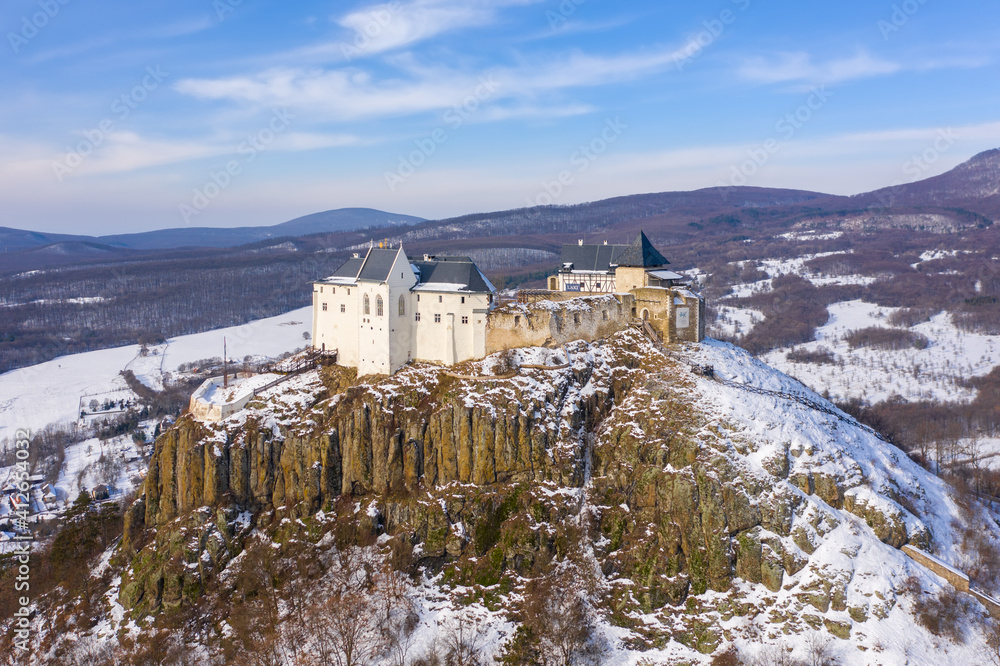 Füzér, Hungary - Aerial view of the famous castle of Fuzer built on a ...