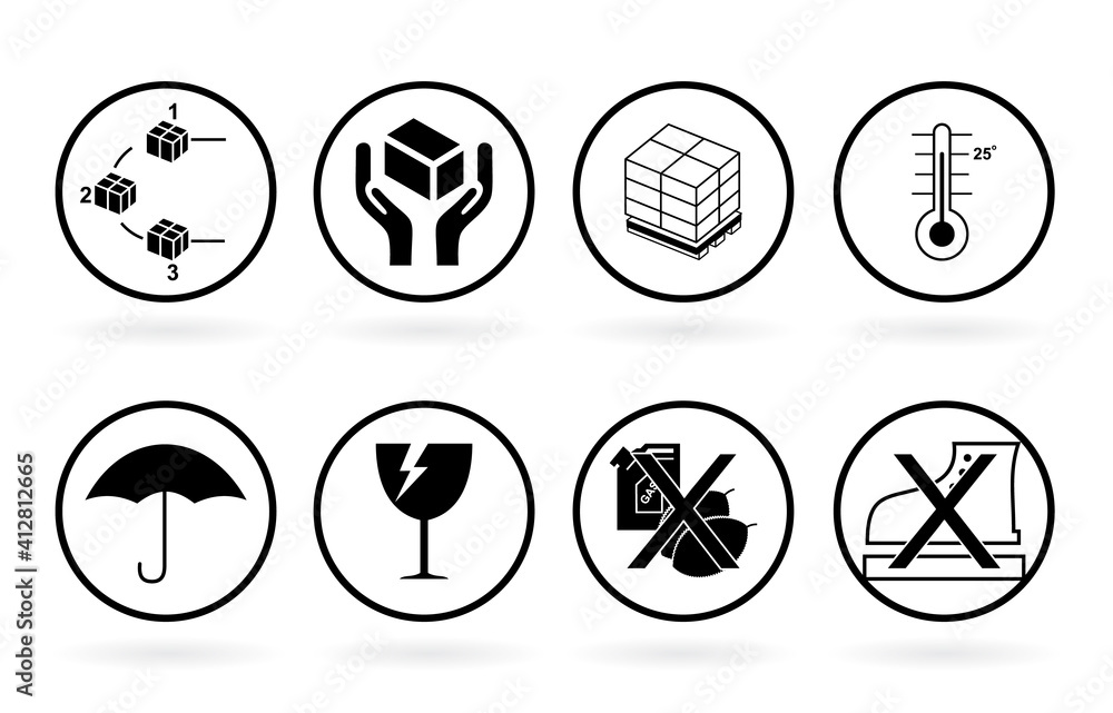 Packaging symbol fragile set collection. Fragile package icons set, handle with care logistics ...