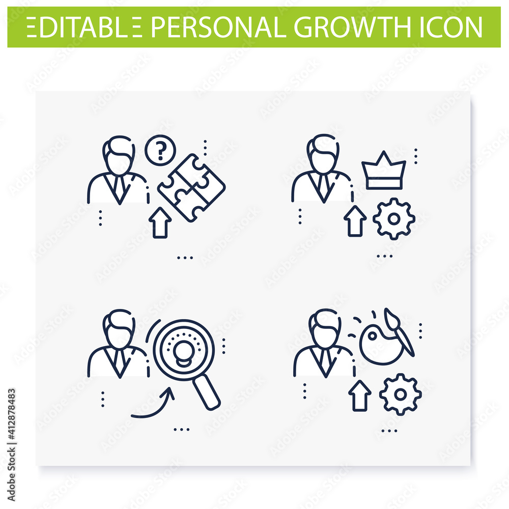Personal growth line icons set. Consists of self knowledge, enhancing ...