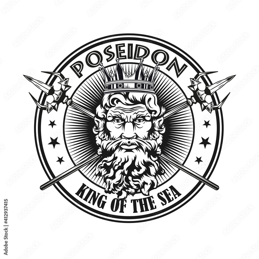 Poseidon stamp design. Monochrome element with god of sea head in crown ...