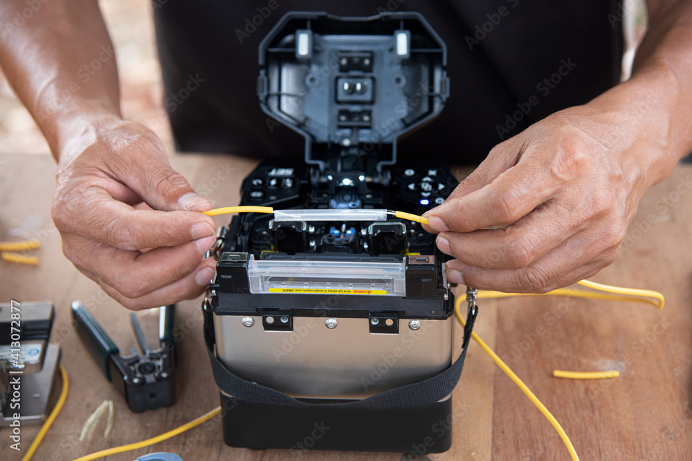 Fiber Optic Cable Connection, Internet Signal and Cable Splicing ...