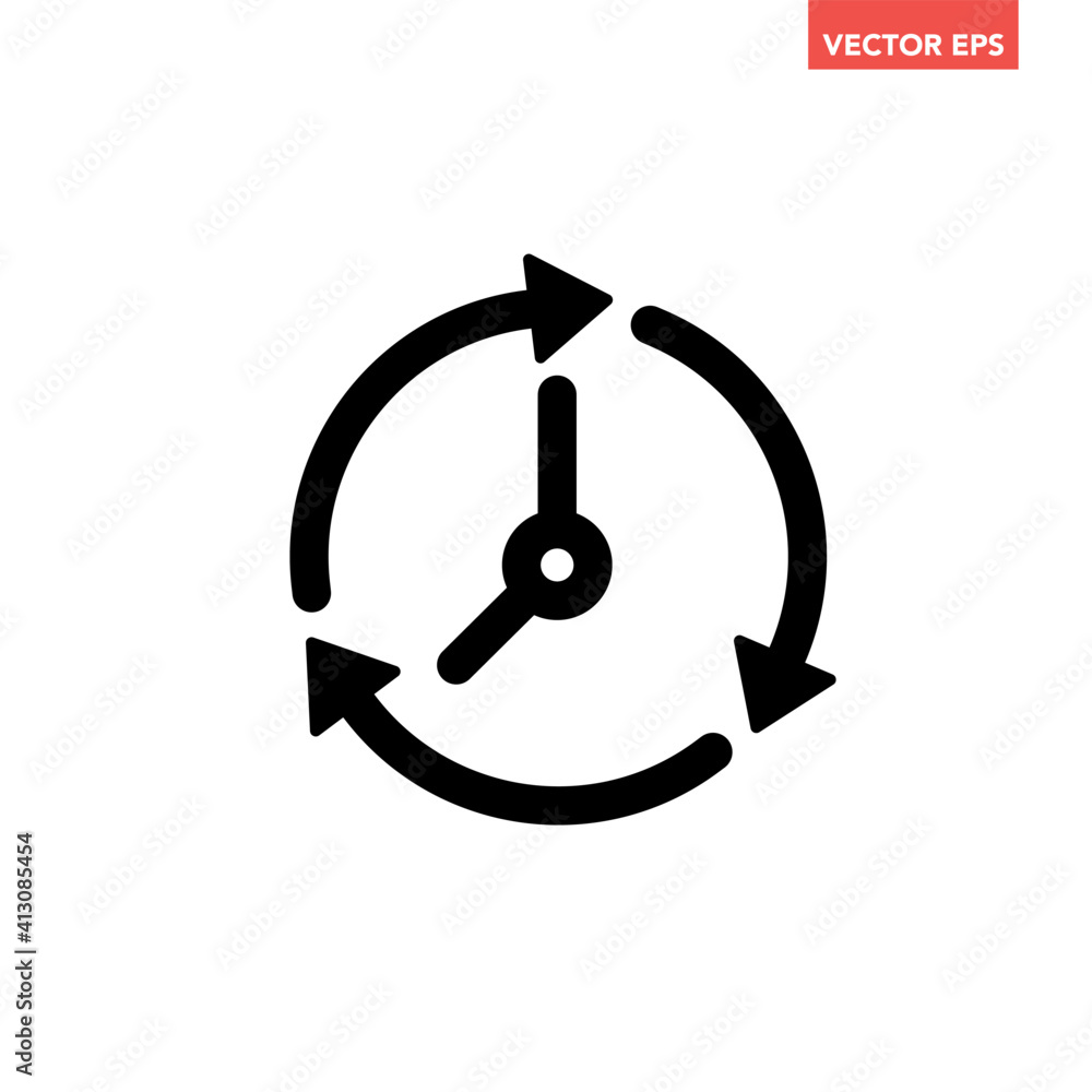 Black update time icon, simple line round change clock face flat design ...