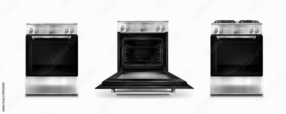 Gas stove and induction cooking panel with electric oven with open and ...