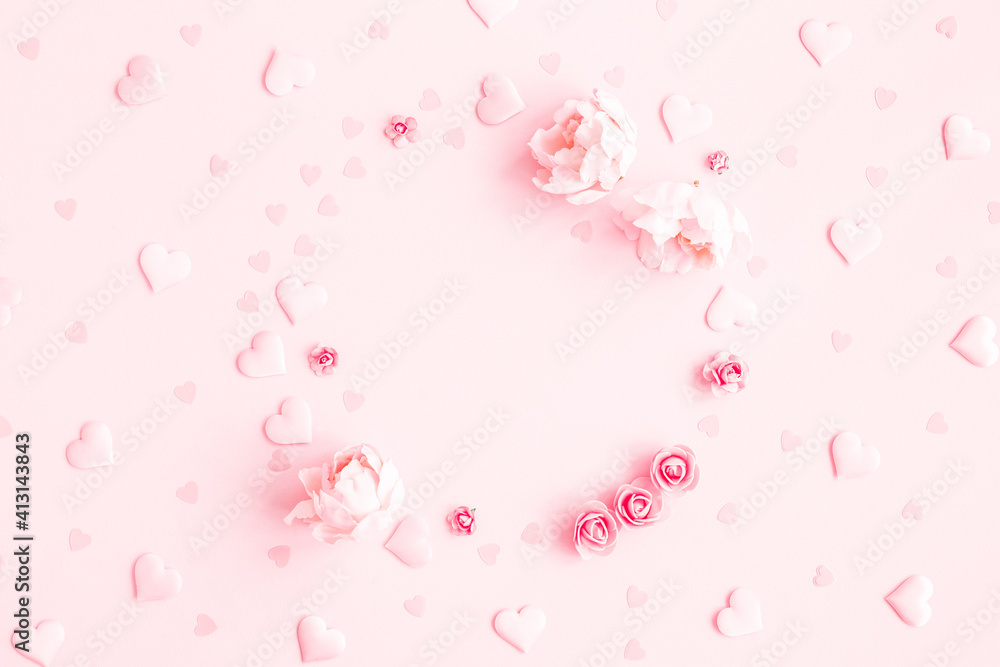 Valentine's Day background. Frame made of pink flowers, hearts on ...
