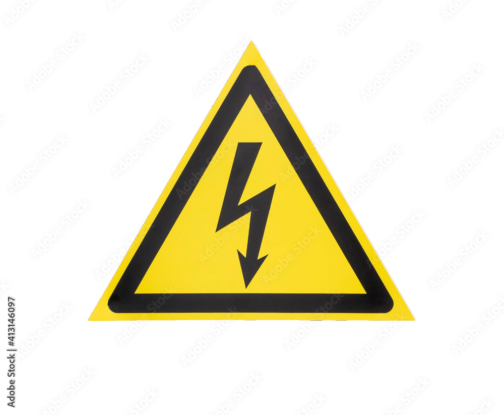 yellow triangle danger sign with lightning bolt on a gray wall ...