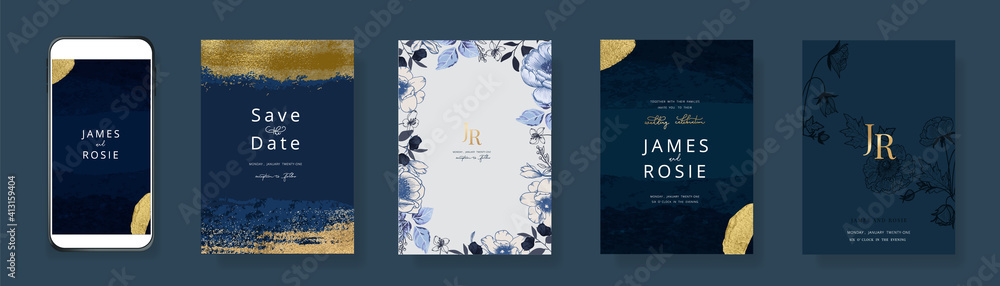Luxury Blue Social Media, mobile Wedding invite frame templates. Vector ...