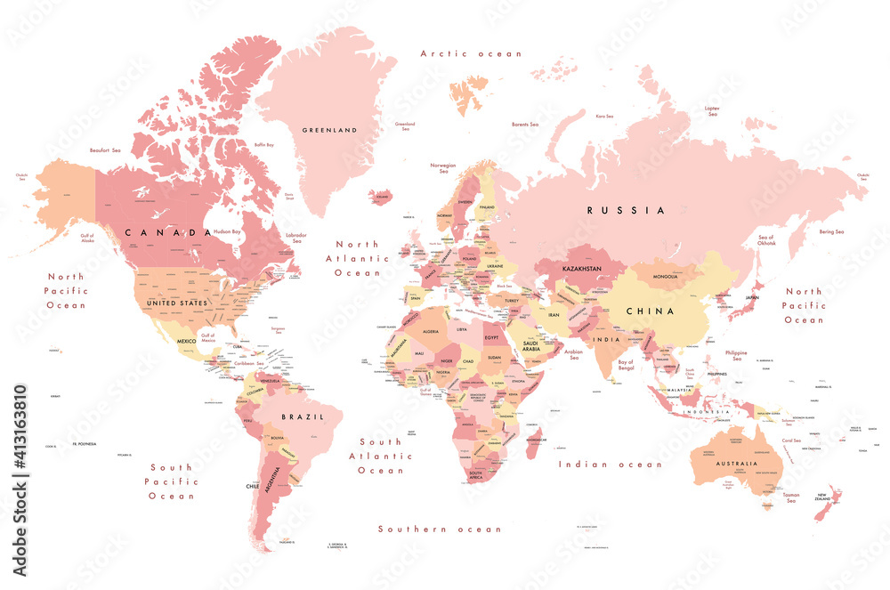 Colourful Illustration of a world map showing country names, State ...