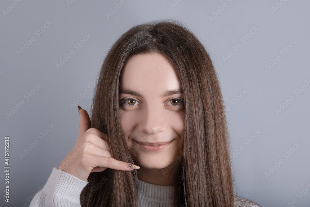 Portrait of funny adorable young lady woman girl wear sweater showing ...