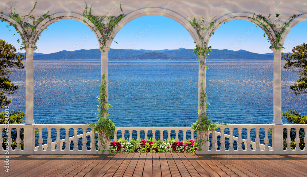Terrace with white colonnade and balustrade, overlooking the sea and ...