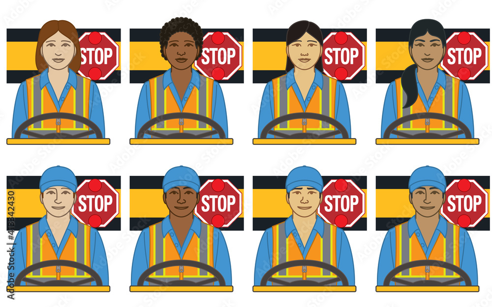 diversity, race, ethnicity of school bus driver vector icons male and ...